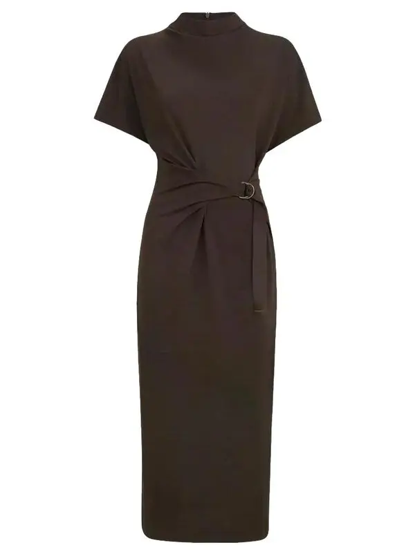 Brunello Cucinelli Techno Wool Jersey Wrap Belt Dress With Monili - Brown