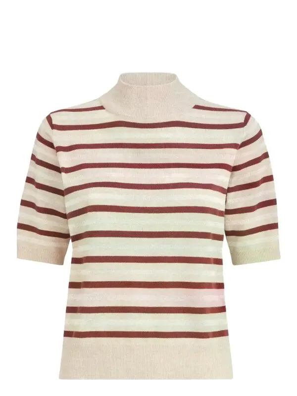 Brunello Cucinelli Virgin Wool, Cashmere, And Silk Knit T-shirt With Sparkling Stripes - Neutrals