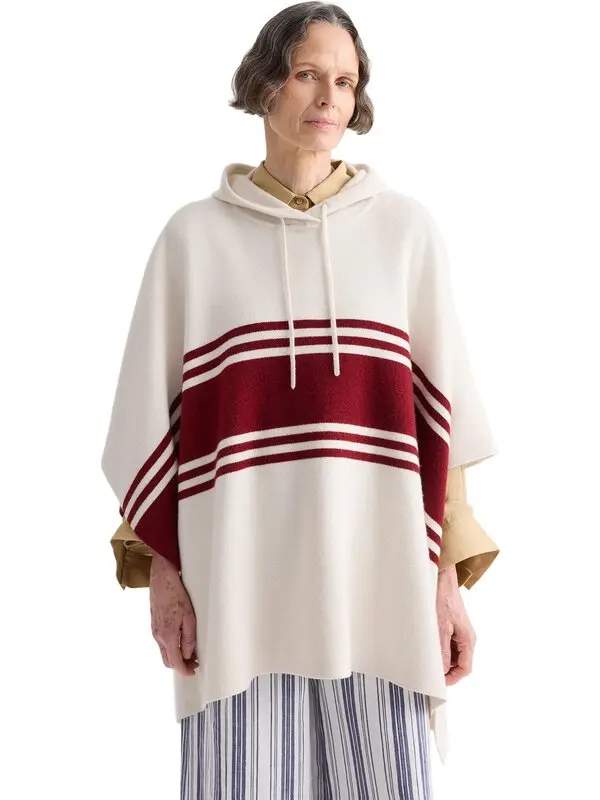 TWP Cashmere Hooded Poncho - Ivory / Karanada Red