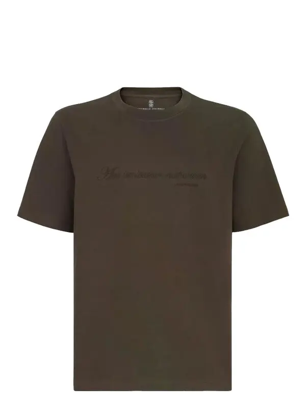 Brunello Cucinelli Cotton-jersey Crew-neck T-shirt With Embroidery And Print - Brown