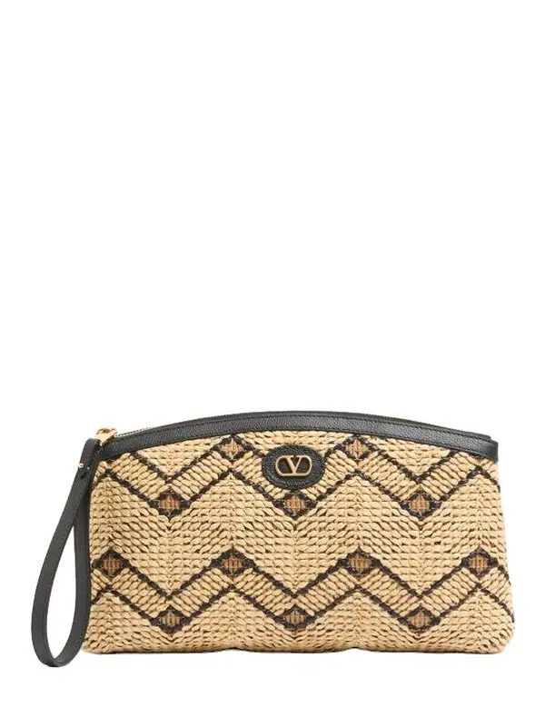 Valentino Garavani Raffia Clutch Bag With Geometric Pattern - Natural/black