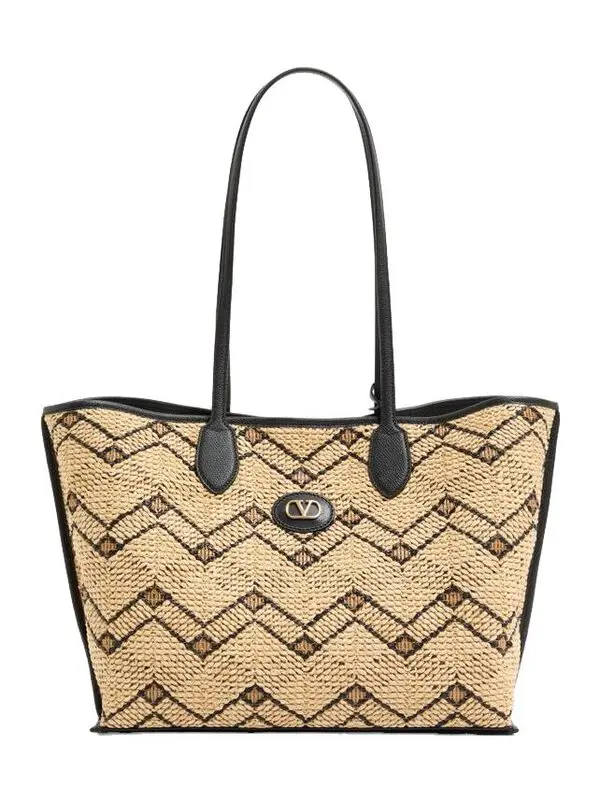 Valentino Garavani Raffia Shopping Bag With Geometric Pattern - Natural/black