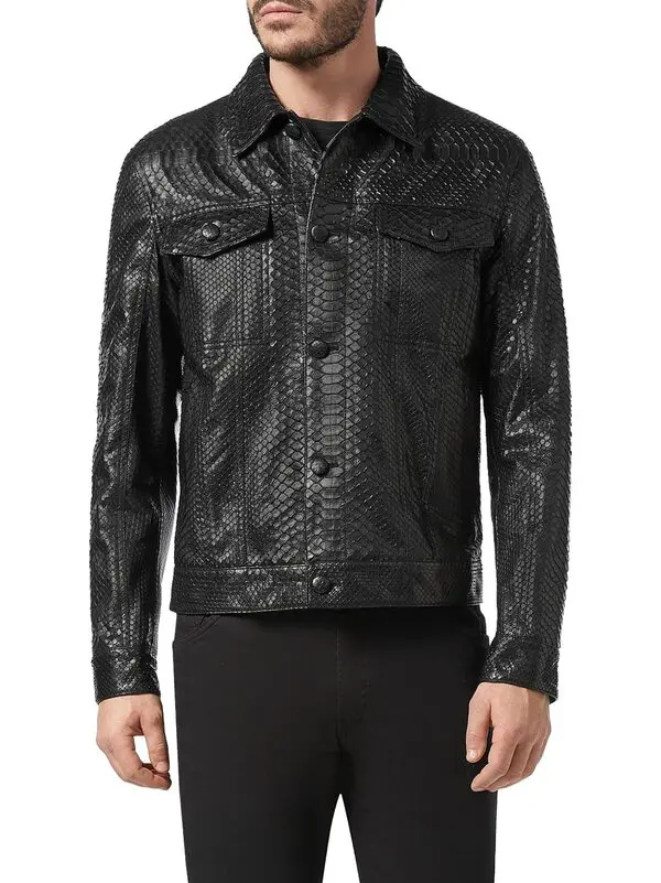 BILLIONAIRE Snakeskin Leather Shirt Jacket With Applied Patch Pockets - Black
