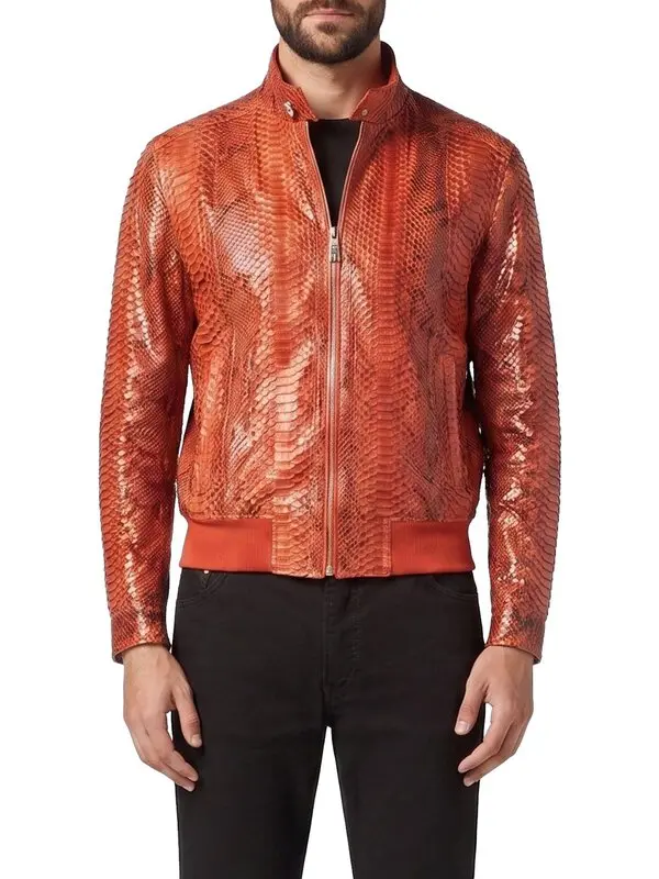 BILLIONAIRE Snakeskin Leather Bomber Jacket - Red