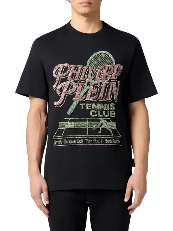 Philipp Plein Tennis Club Cotton T-shirt With Rhinestone Embroidered Logo - Black