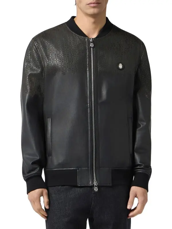 BILLIONAIRE Leather Bomber Jacket With Monogram Pattern And Applied Logo - Black
