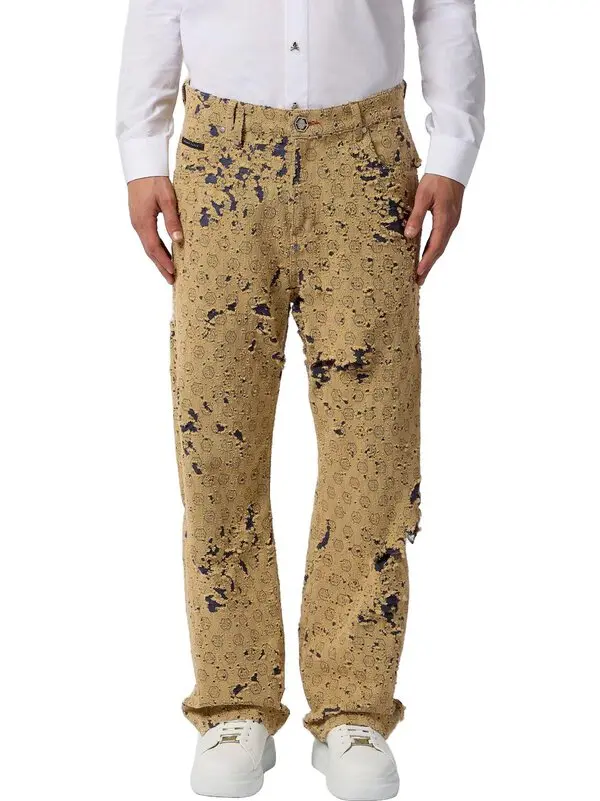 Philipp Plein Destroyed Beach Wide Leg Jeans - Beige