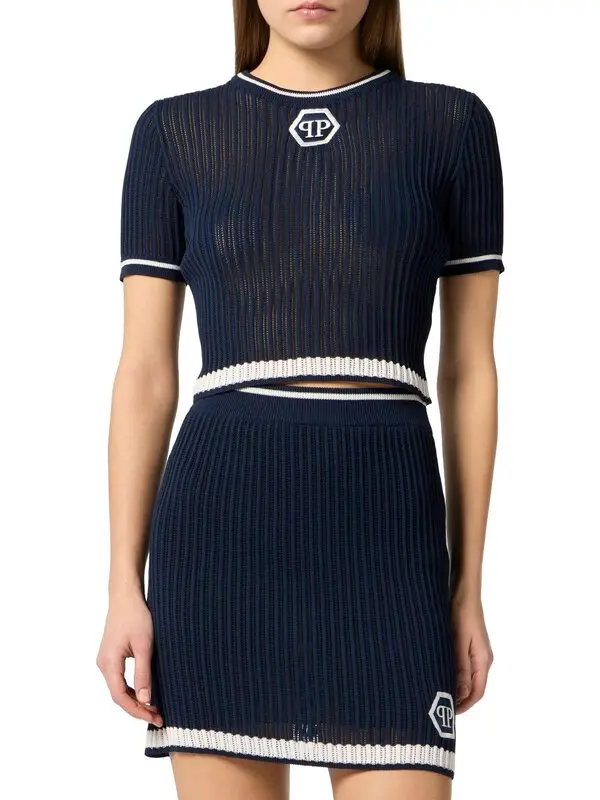 Philipp Plein Short Sleeve Cropped Knit Top - Navy