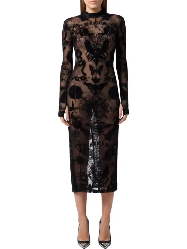 Philipp Plein Long Sleeve Graphic Print Sheath Dress - Black