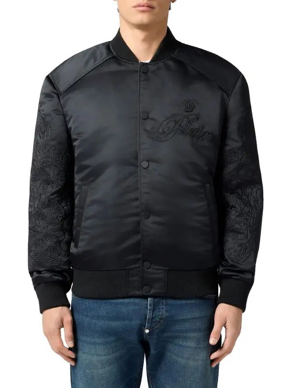 Philipp Plein Embroidered Satin Bomber Jacket - Black
