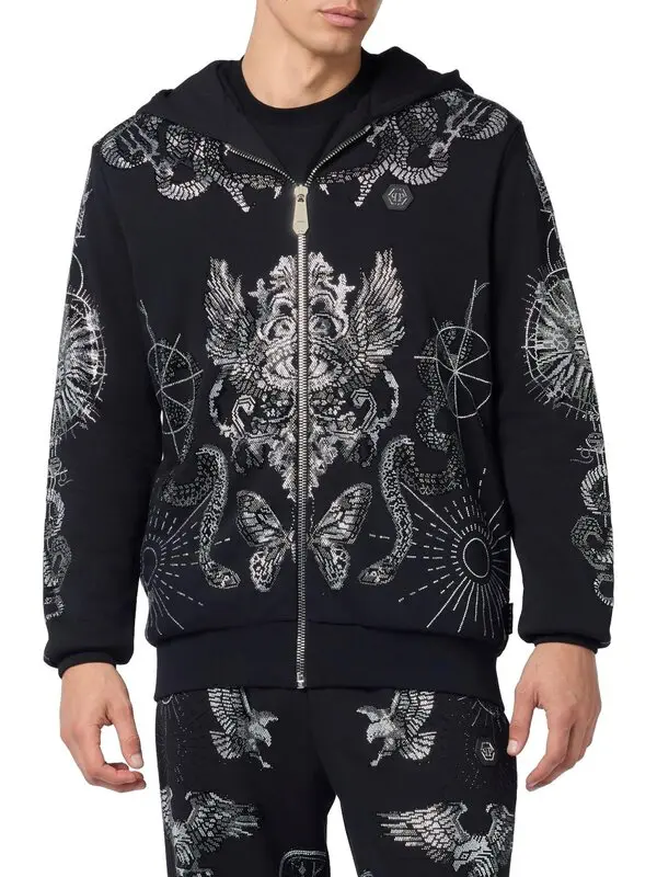 Philipp Plein Cotton Hoodie With Skull Print And Rhinestone Embellishments - Black