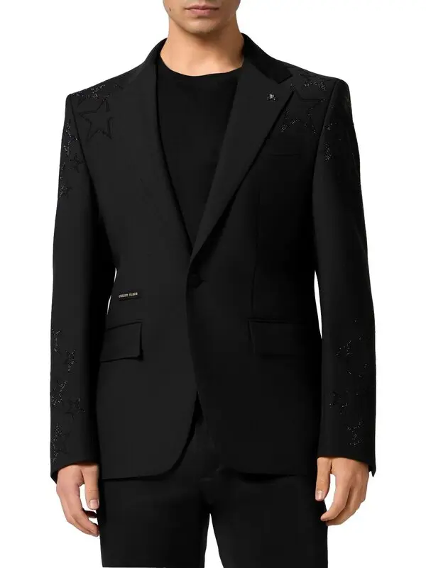 Philipp Plein Single-breasted Wool-blend Blazer With Star Embroidery And Rhinestones - Black