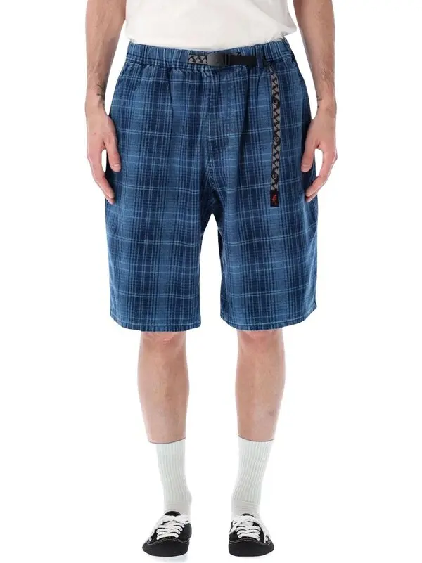 Gramicci Check Cotton Shorts With Elasticated Waistband And Drawstring - Blue