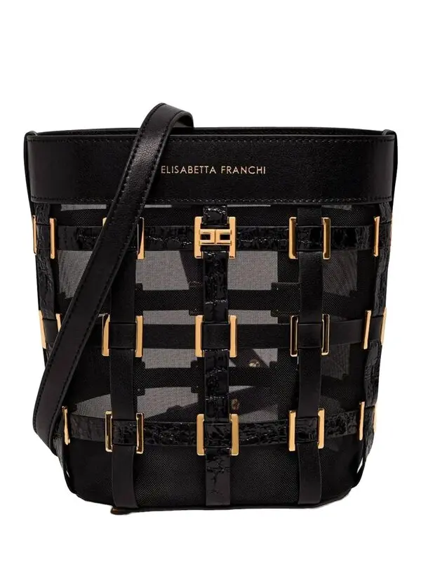 Elisabetta Franchi Mesh Bucket Bag With Embroidery And Internal Pouch - Black
