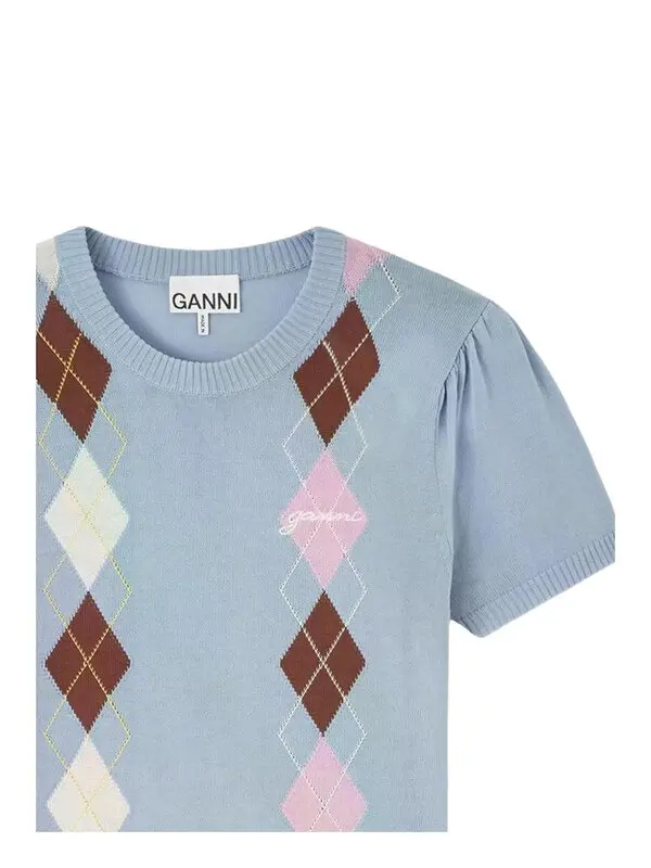 GANNI Argyle Pattern Puff-sleeve T-shirt - Blue