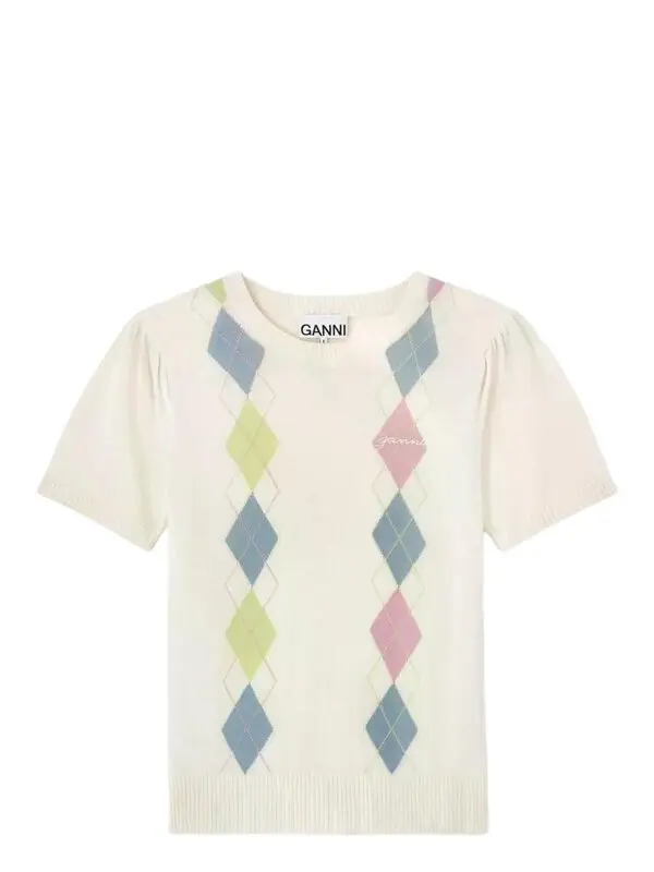 GANNI Argyle Pattern Puff-sleeve T-shirt - White