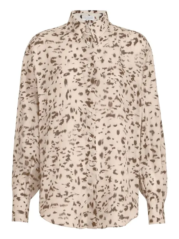 Brunello Cucinelli Silk Lynx Print Relaxed Fit Shirt - Beige