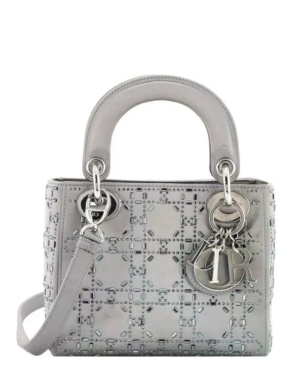 Dior Lady Bag Crystal Embellished Cannage Quilt Satin Mini Satchel - Grey