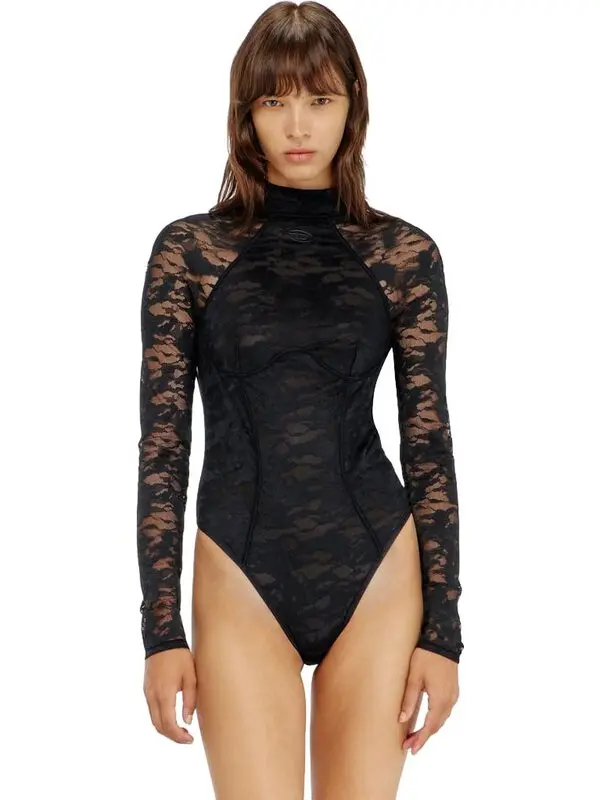 DIESEL® Long-sleeve Lace Bodysuit With Open Back - Black