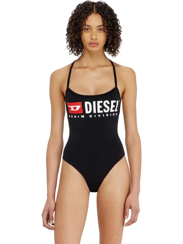 DIESEL® Cotton Bodysuit With T-back Straps And Logo Print - Black