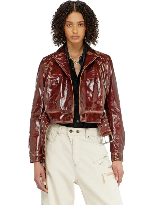 DIESEL® Patent Leather Cropped Jacket With Belt - Red