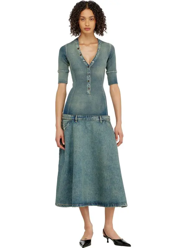DIESEL® Drop-waist Midi Dress In Knit And Denim - Blue