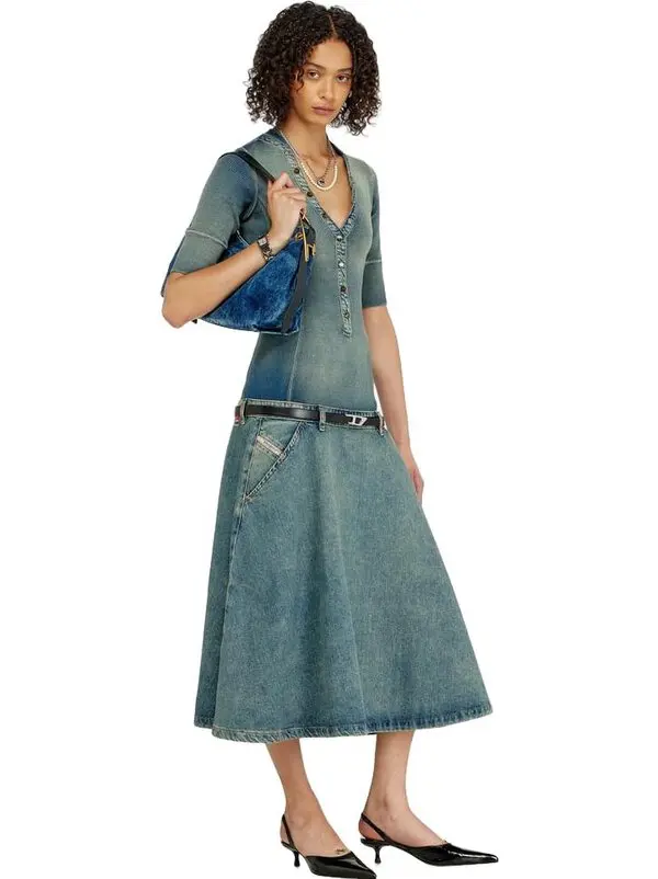 DIESEL® Drop-waist Midi Dress In Knit And Denim - Blue