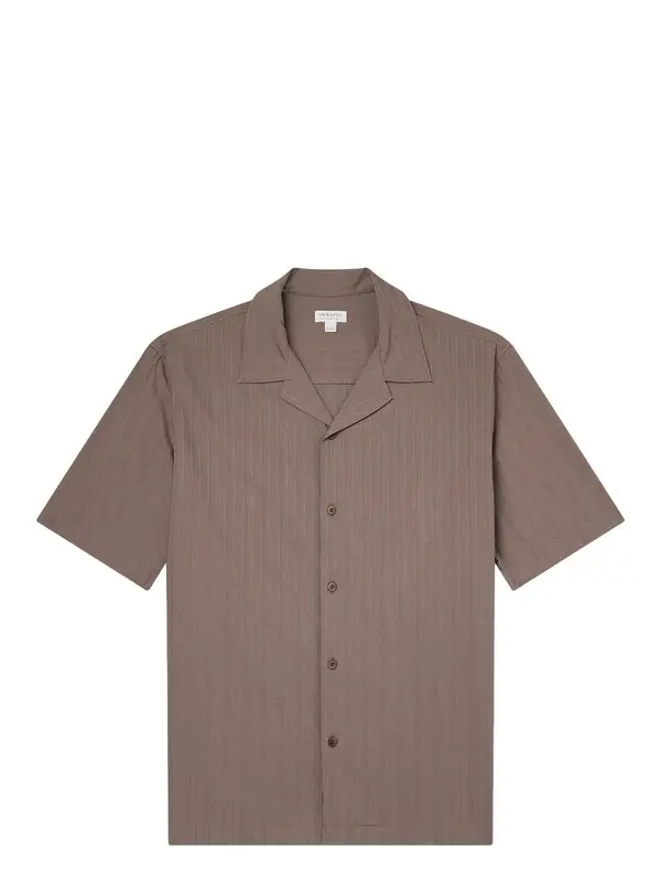 Sunspel Camp-collar Textured-cotton Shirt - Brown