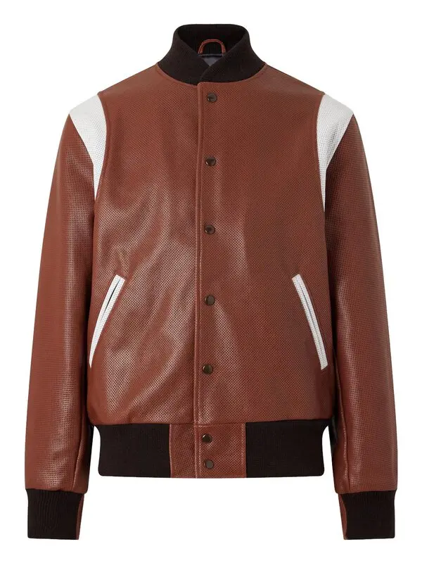 Golden Bear Perforated Leather Varsity Jacket - Brown