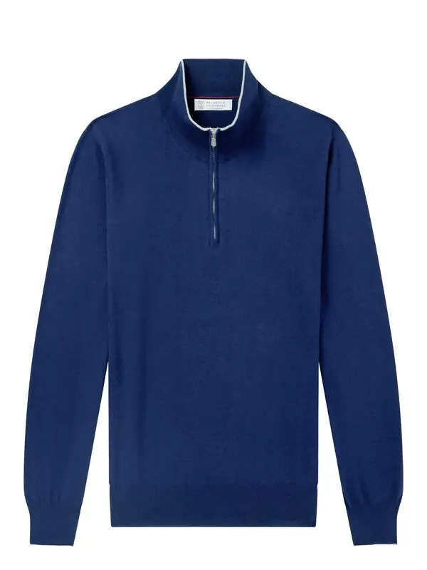 Brunello Cucinelli Cotton And Cashmere-blend Half-zip Sweater - Navy