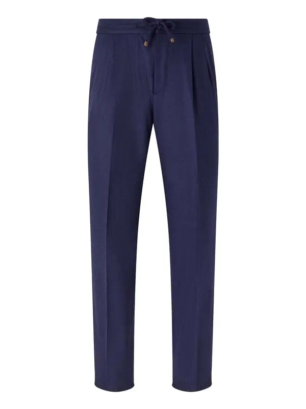 Brunello Cucinelli Tapered Pleated Virgin Wool-flannel Drawstring Trousers - Navy