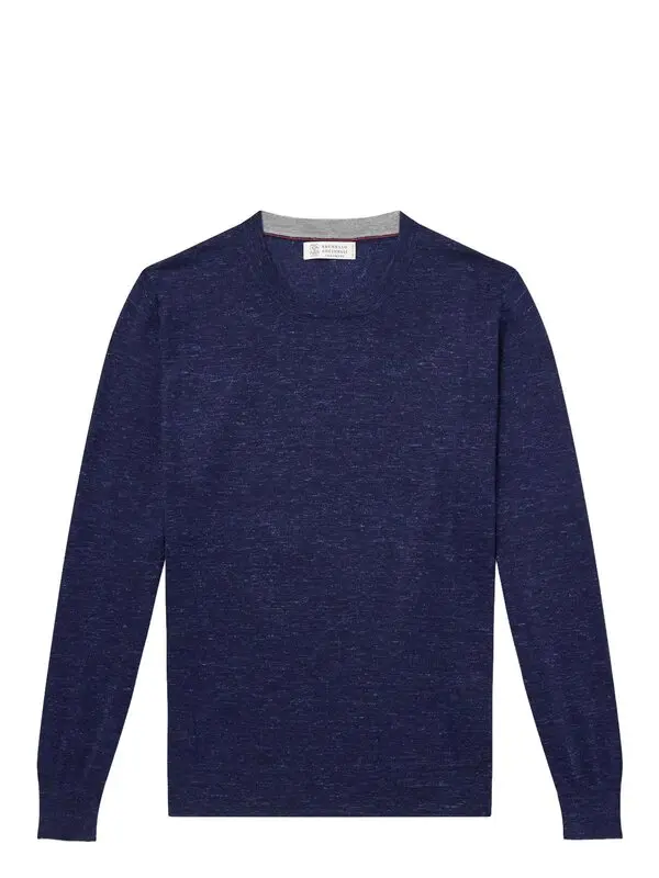 Brunello Cucinelli Cashmere, Silk And Linen-blend Crew Neck Sweater - Blue