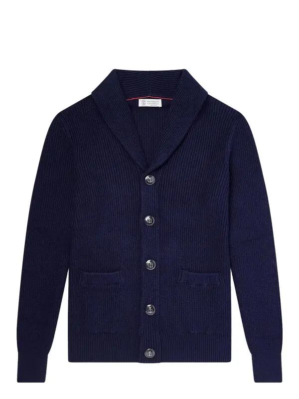 Brunello Cucinelli Shawl Collar Ribbed Cotton Cardigan - Blue