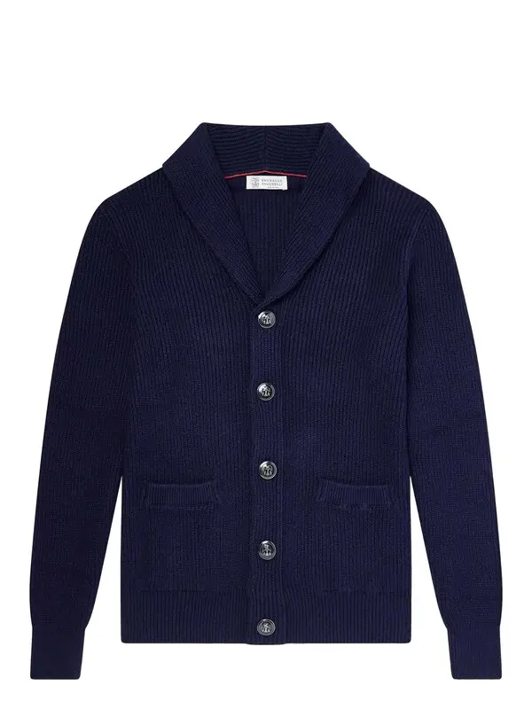 Brunello Cucinelli Shawl Collar Ribbed Cotton Cardigan - Navy