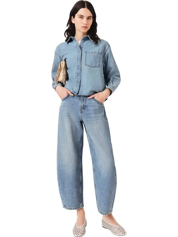 Maje Cropped Denim Shirt With Metallic Logo Detail - Blue