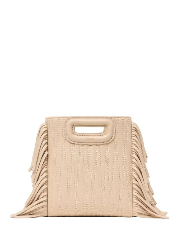 Maje Leather Mini M Bag With Topstitched Motif And Fringe - Cream