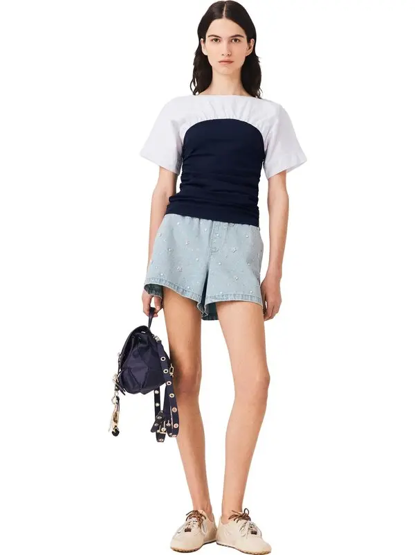 Maje Pleated Jersey Top With Trompe-l'œil Bustier Effect - White/navy