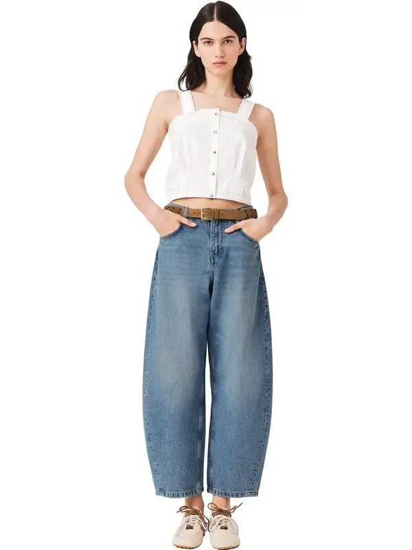 Maje Cropped Cotton Top With Lace Trim And Button Detail - White