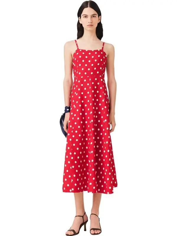 Maje Backless Polka Dot Maxi Dress With Gold Accents - Red Dots Print