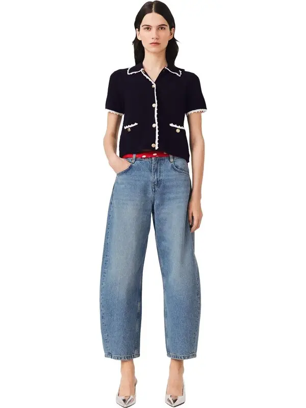 Maje Textured Knit Cropped Cardigan With Crochet Trim - Navy