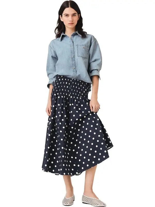 Maje Flared Polka Dot Cotton Midi Skirt - Navy Dots Print