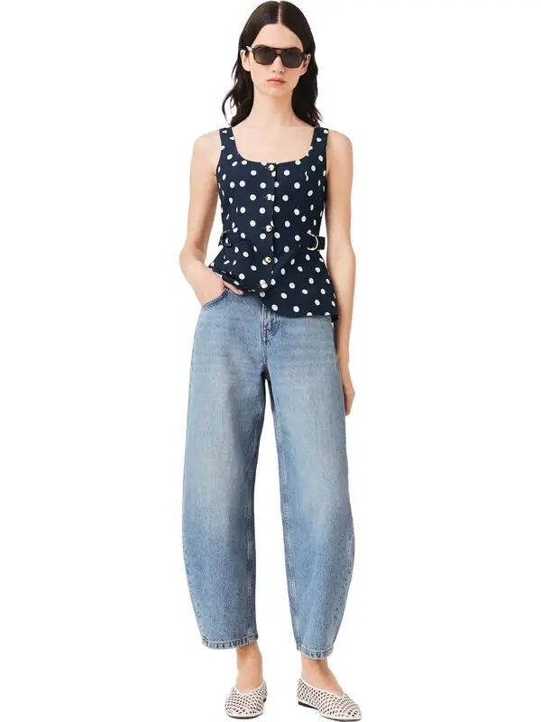 Maje Sleeveless Polka Dot Linen Blend Top - Navy Dots Print