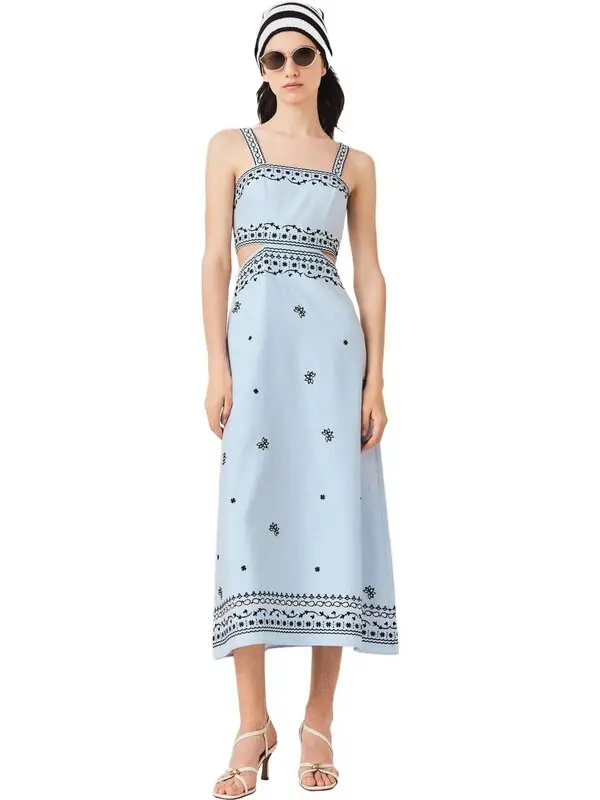 Maje Embroidered Linen Blend Maxi Dress - Blue Sky