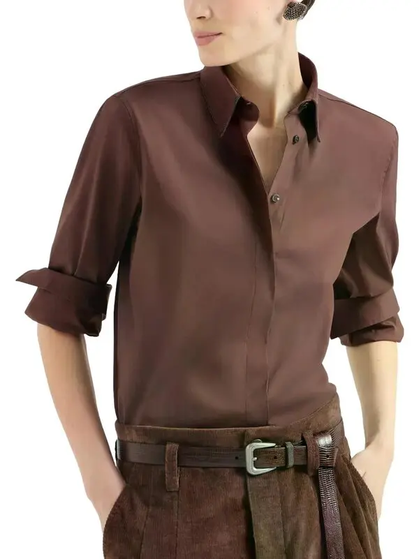 Brunello Cucinelli Stretch Cotton Poplin Shirt With Shiny Collar - Brown