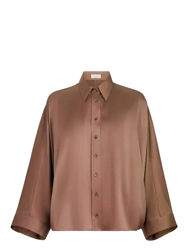 Brunello Cucinelli Stretch Silk Satin Shirt With Monili Detail - Brown