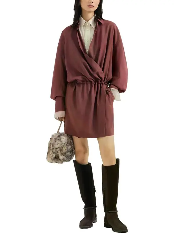 Brunello Cucinelli Virgin Wool Fluid Twill Shirt Dress With Monili - Red
