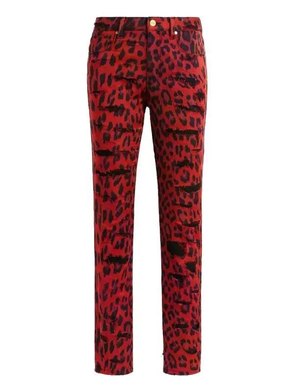 Roberto Cavalli Leopard Print Distressed Jeans - Red