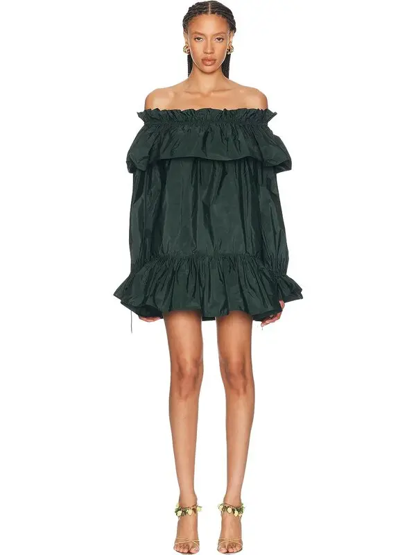 Saint Laurent Off-the-shoulder Ruffled Dress - Vert Fonce