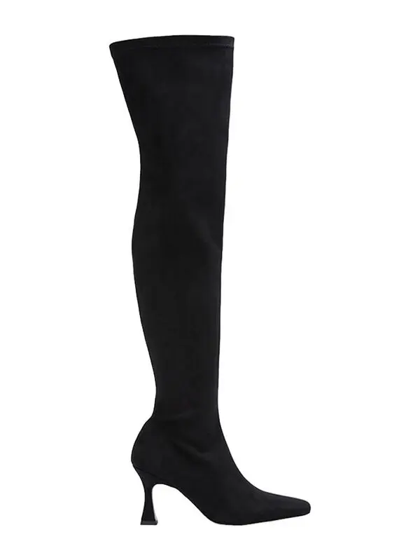 TONY BIANCO Fancy Thigh-high Boots With Signature Heel - Black Stretch Suede