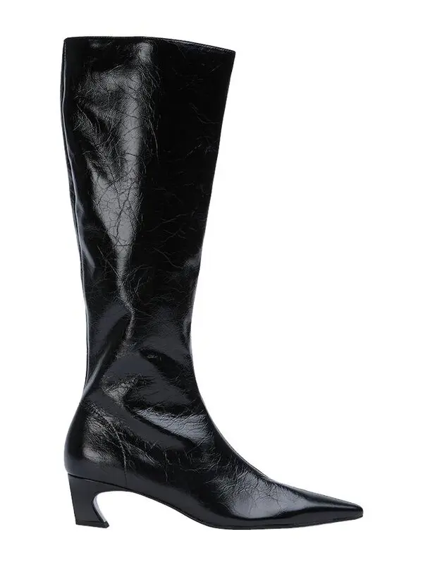 TONY BIANCO Mango Knee High Black Leather Pointed Toe Boots - Black Crinkle